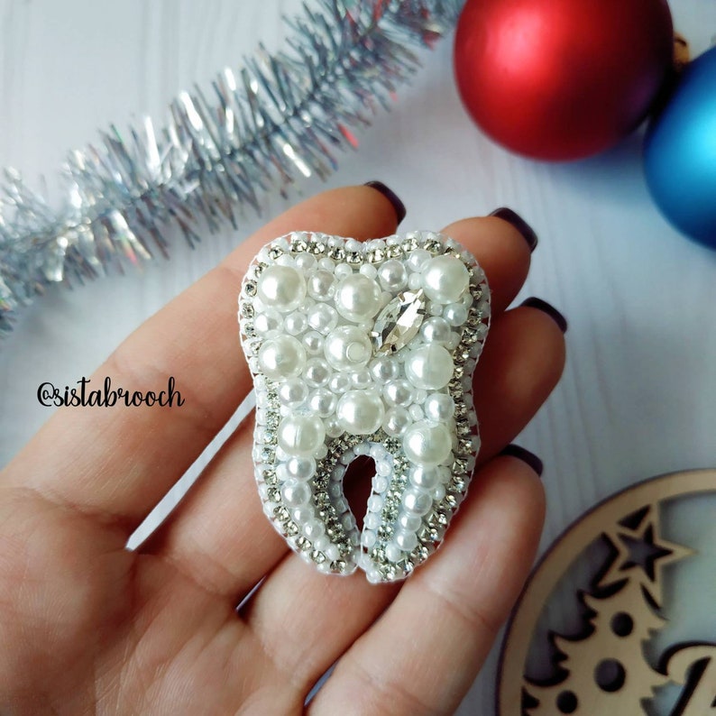 Beaded tooth brooch embroidered pin white tooth brooch for | Etsy
