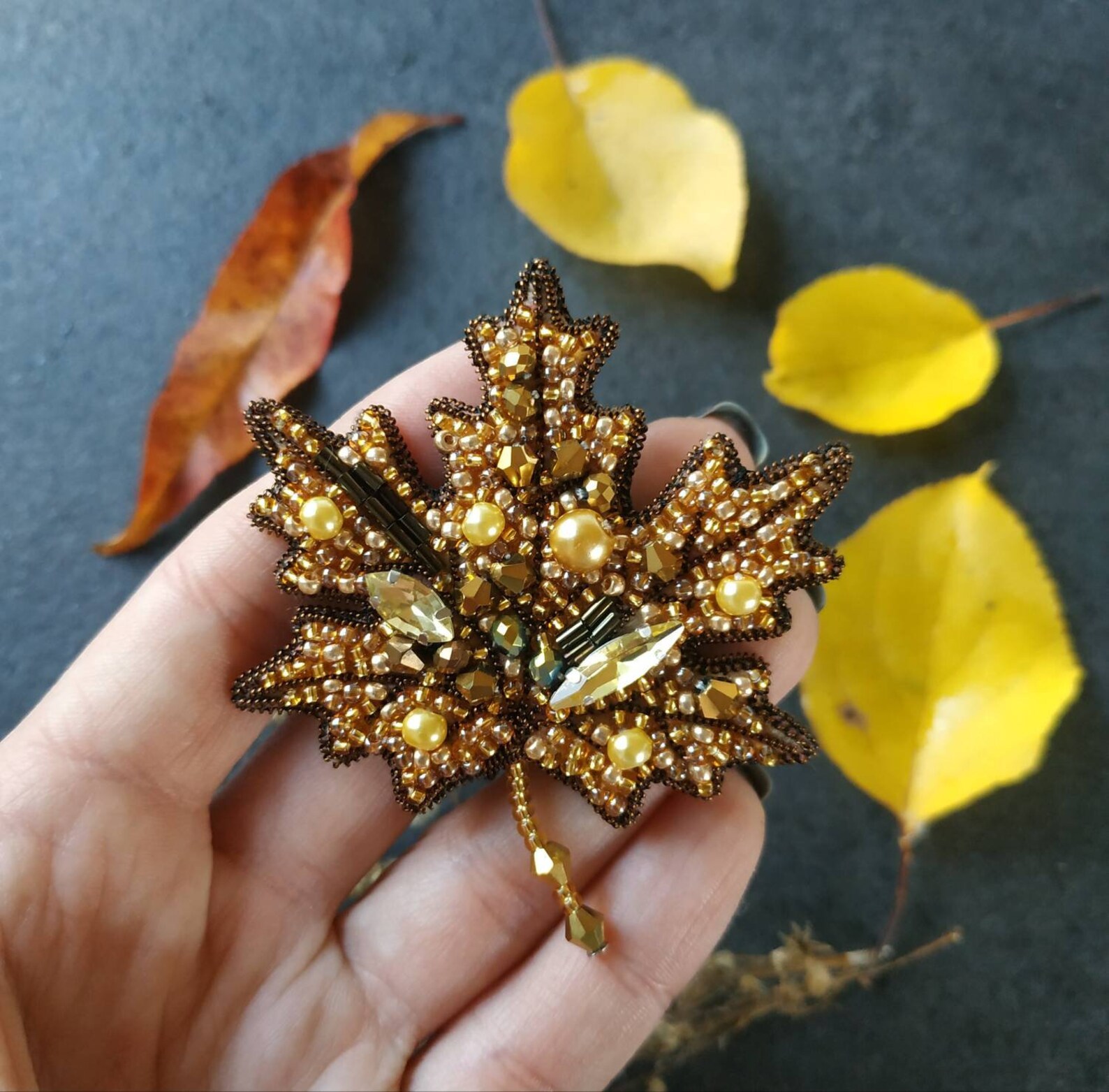 Beaded Maple Leaf Maple Leaf Brooch Autumn Jewelry Yellow - Etsy