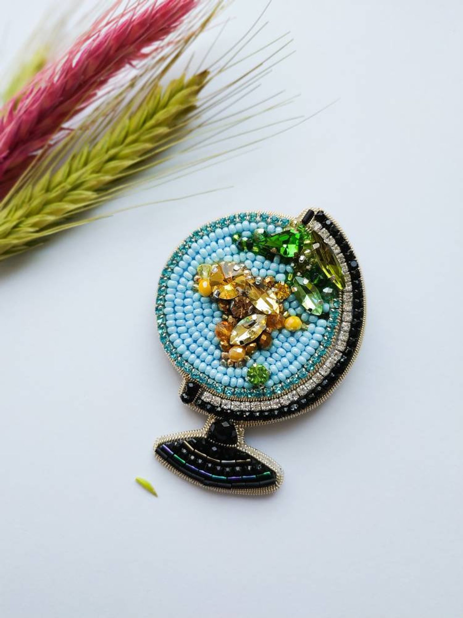 Beaded Globe Brooch Embroidered Traveller Jewelry Earth Planet - Etsy