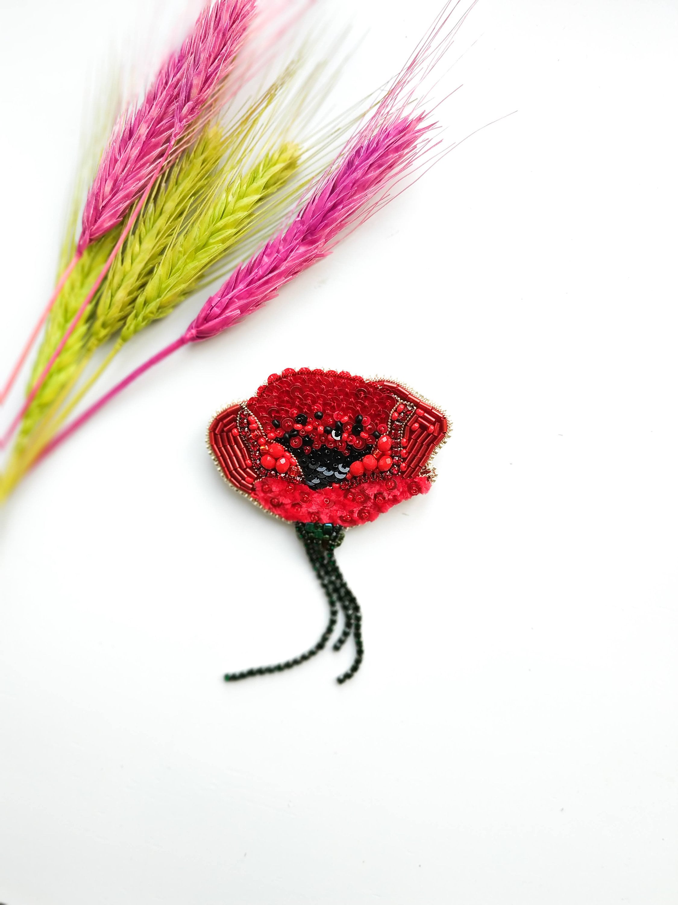 Beaded poppy brooch embroidered red flower pin poppy jewelry | Etsy