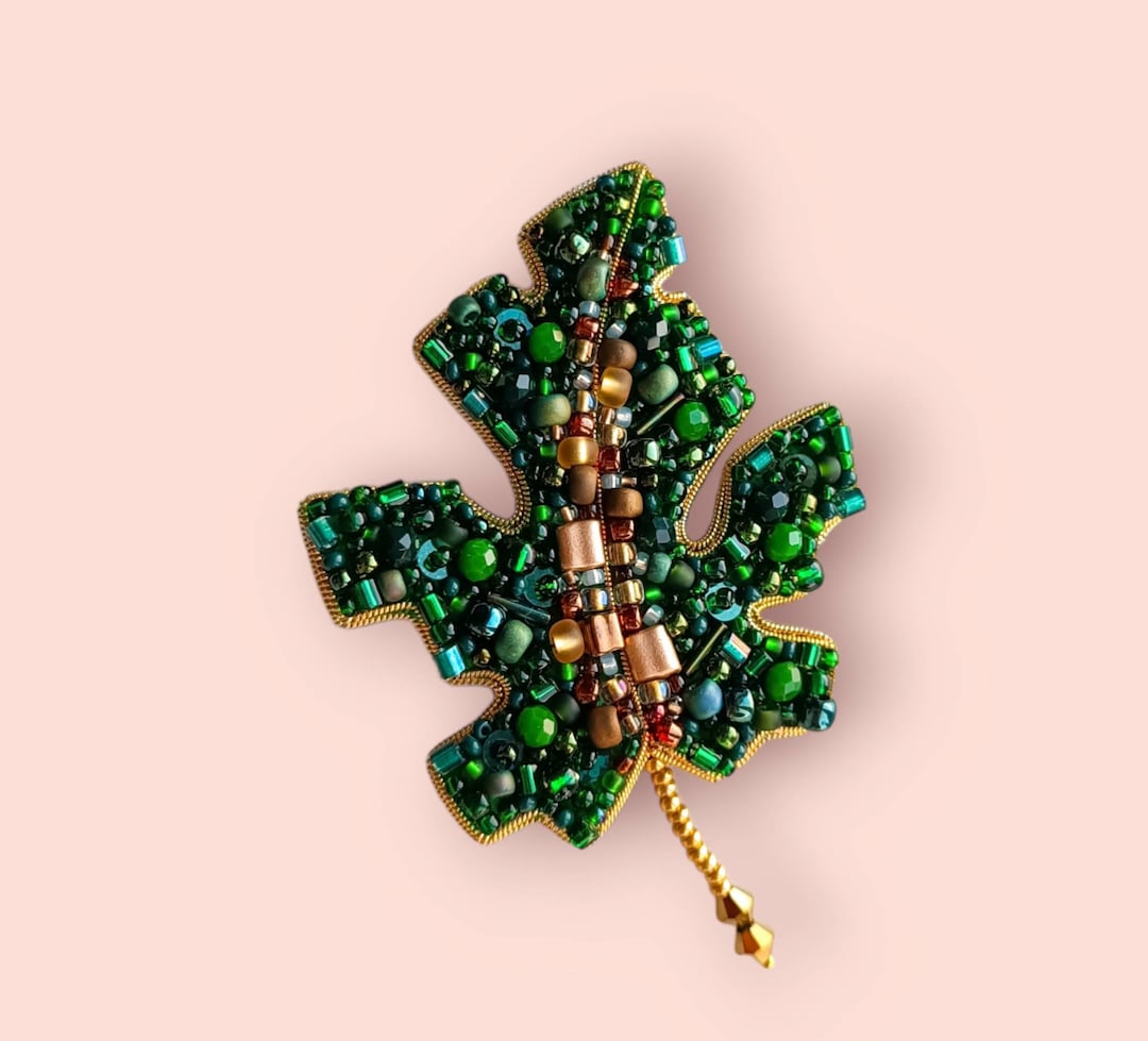 Embroidered Oak Tree Leaf Brooch Green Leaves Jewelry Floral Pin ...