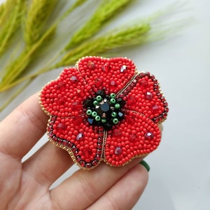 Beaded Poppy Brooch Red Floral Jewelry Embroidered Gift for Her Unique ...