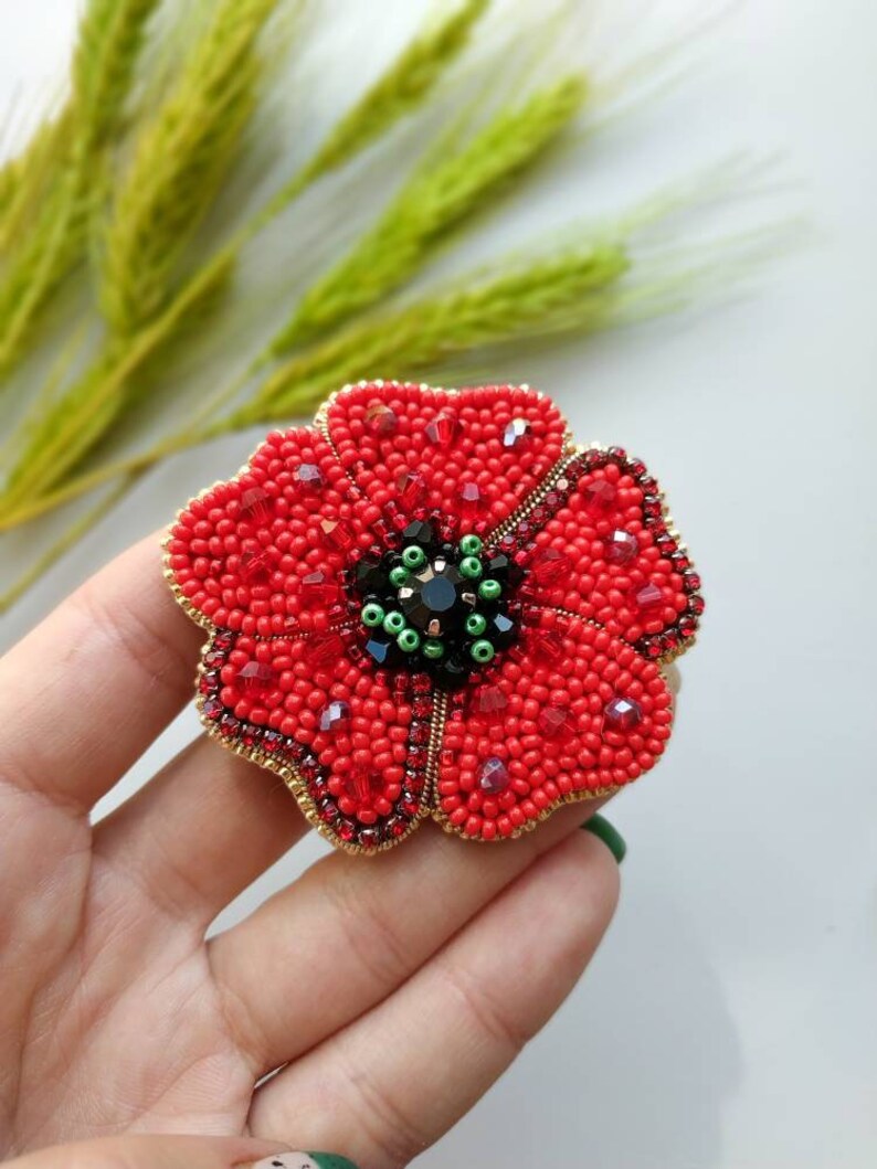 Beaded Poppy Brooch Red Floral Jewelry Embroidered Gift for Her Unique ...
