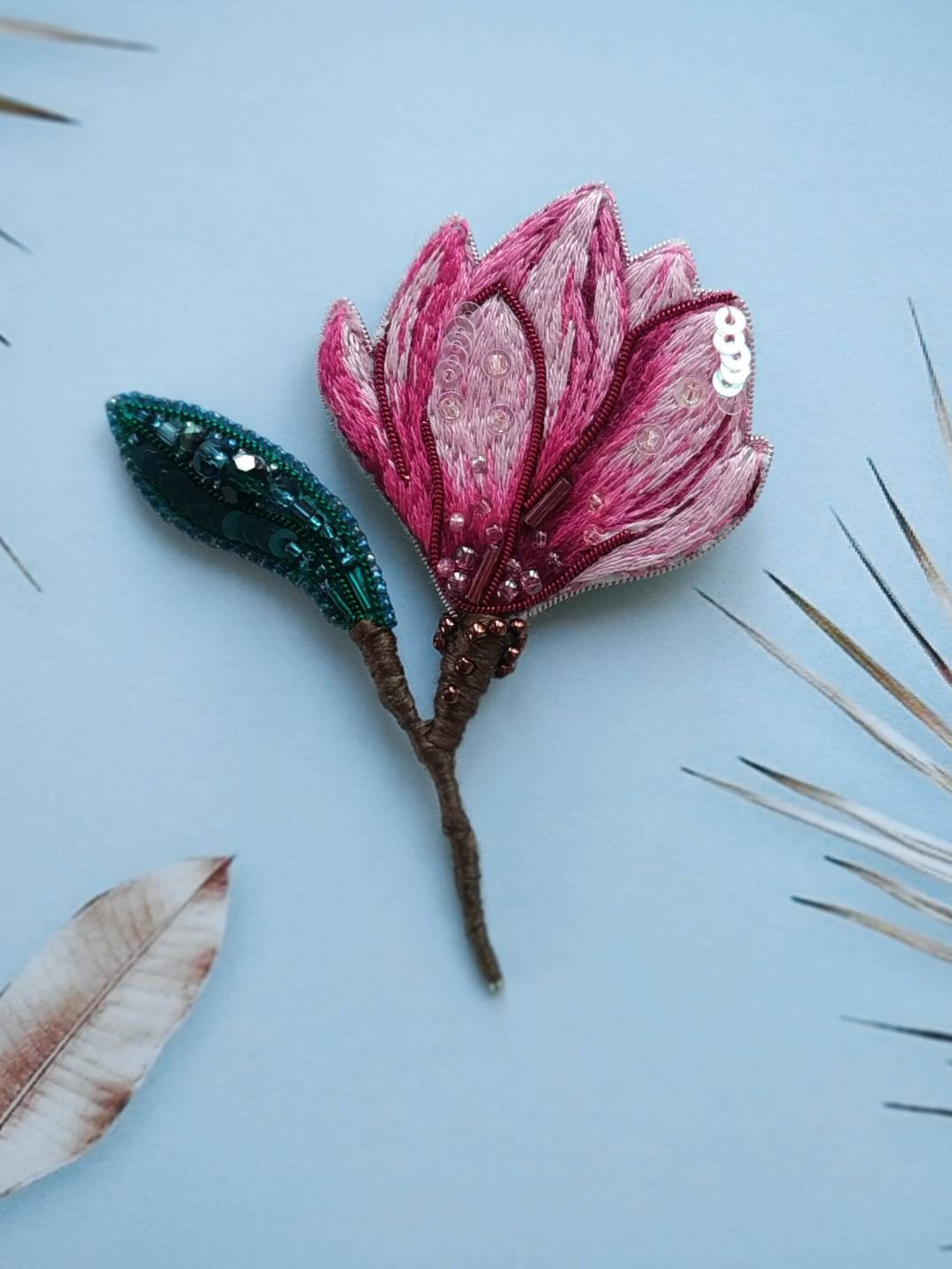 Embroidered Magnolia Flower Brooch Beaded Floral Pin Handmade Jewelry ...