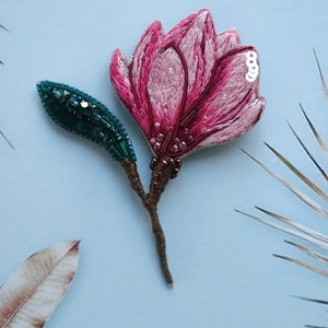 Embroidered Magnolia Flower Brooch Beaded Floral Pin Handmade Jewelry ...
