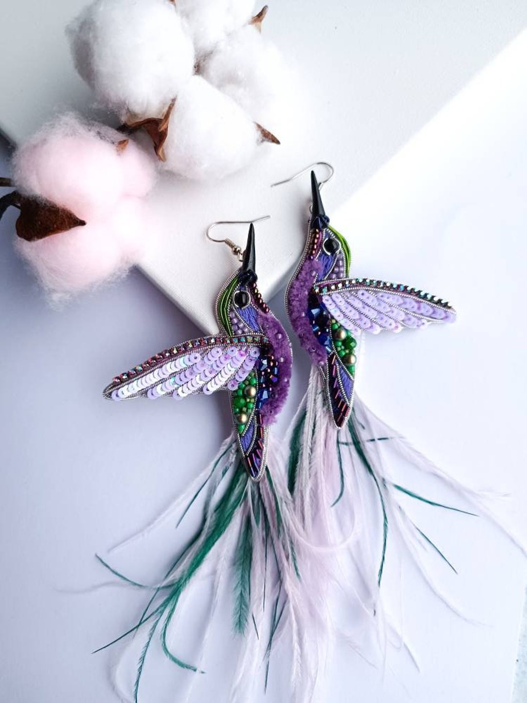 Embroidered Hummingbird Earrings Beaded Bird Jewelry Handmade Earrings ...
