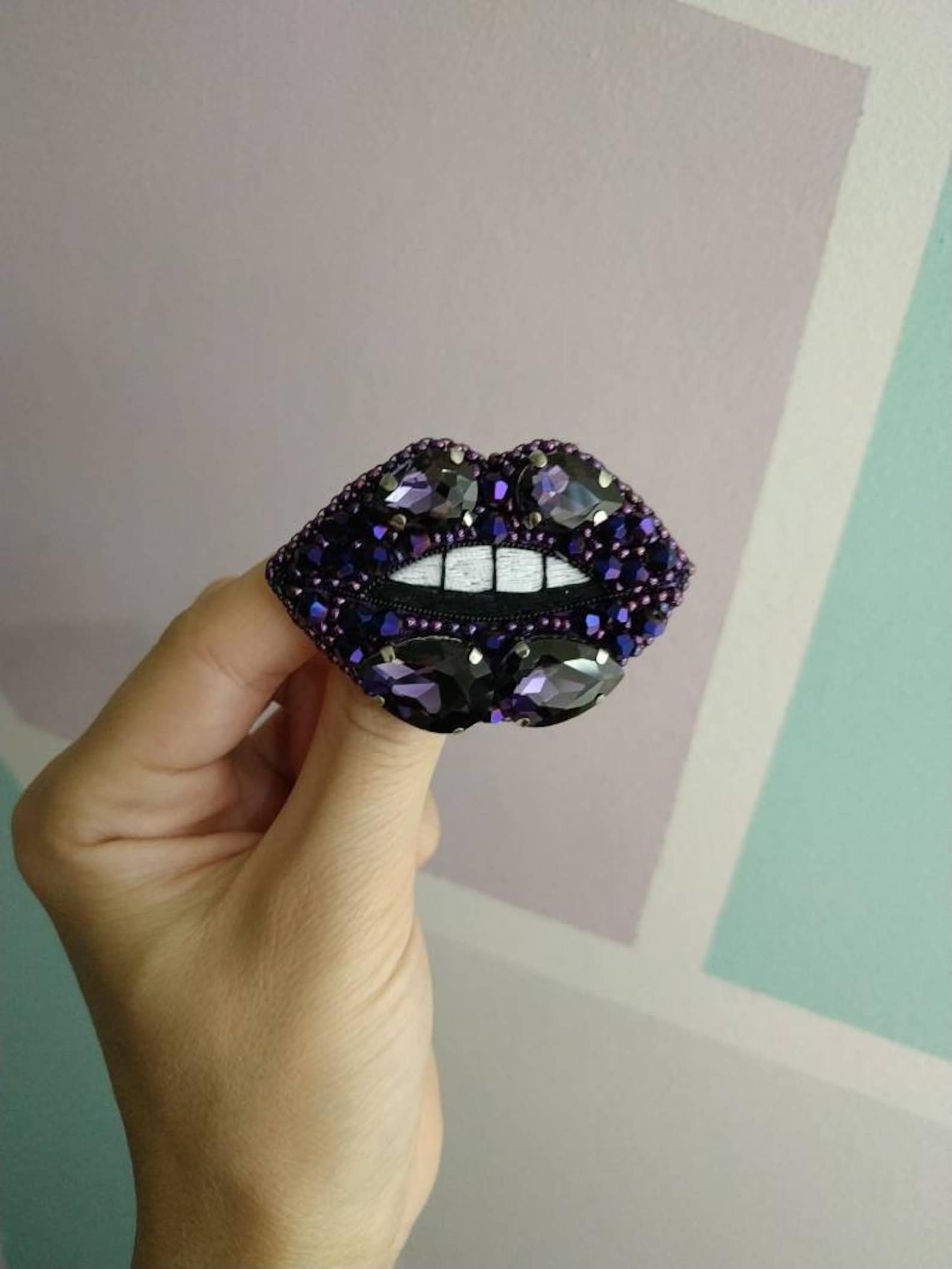 Beaded Lips Brooch, Crystal Pin, Purple Lips Brooch, Seed Beads and ...