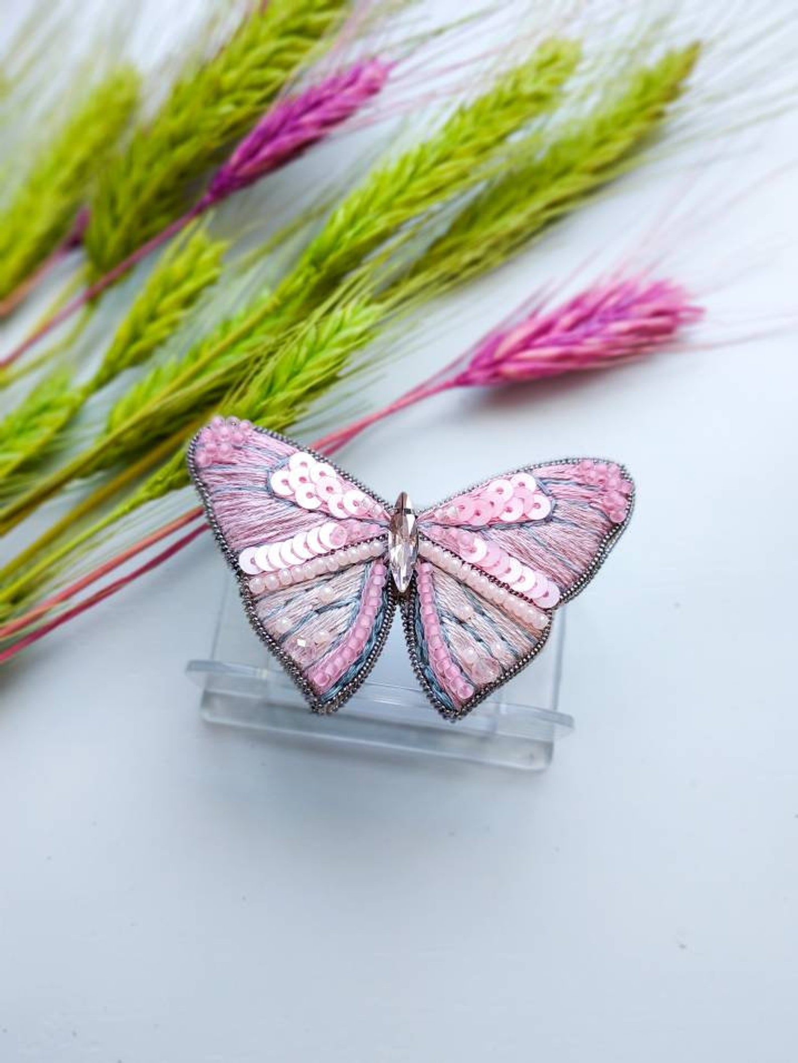Embroidered Pink Butterfly Brooch Cotton Pin Handmade Jewelry Insect ...