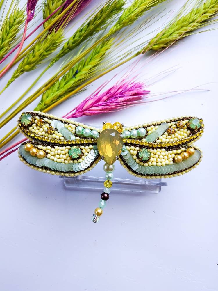 Beaded Dragonfly Beaded Brooch Insect Jewelry Yellow - Etsy