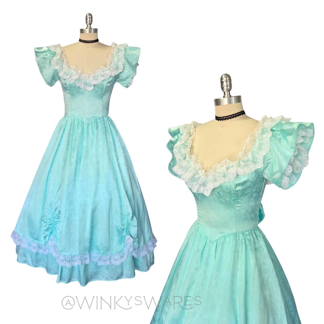 Gunne Sax Vintage 80s Princess Midi Dress Size S Fit & Flare Blue Satin ...