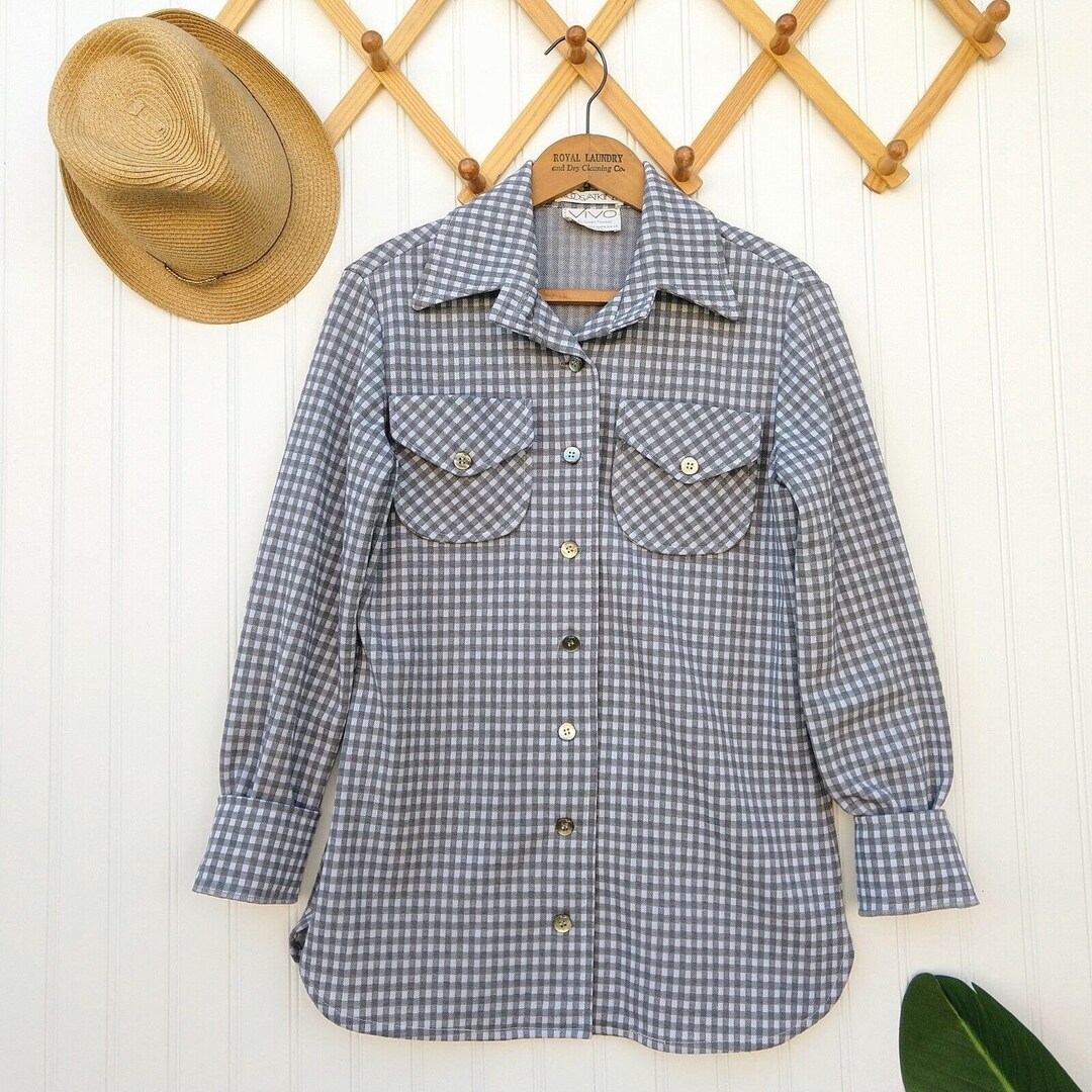 VTG 70's Vivo Susan Thomas Roos Atkins Gingham Shirt Size S Gray ...