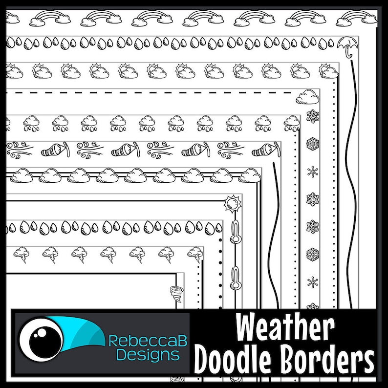 Weather Doodle Page Borders Clip Art: Black Line Frames (digital Stamps ...