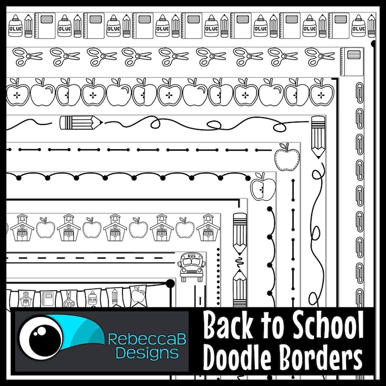 Back to School Doodle Borders Clip Art: Black Line Frames (digital ...