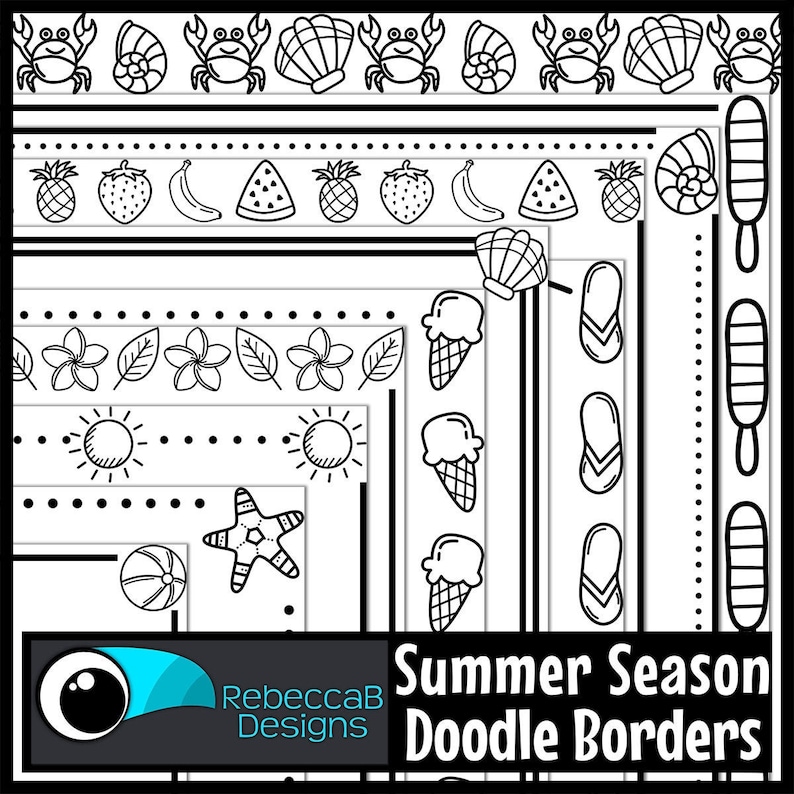 Summer Season Doodle Borders Clip Art, Back to School Clip Art, Summer ...