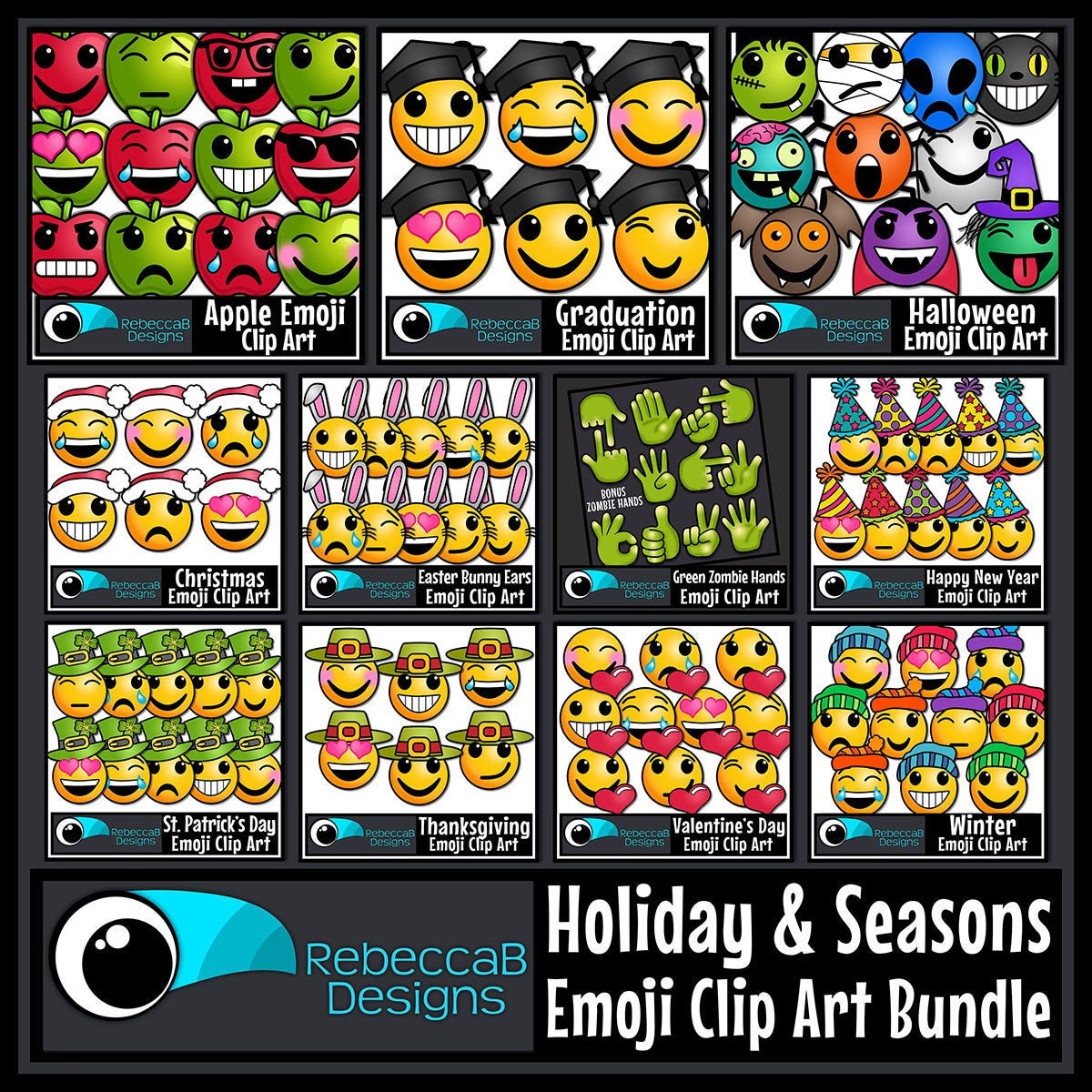 Holiday and Seasons Emoji Emotions Bundle Bonus Finger Counting Hands ...