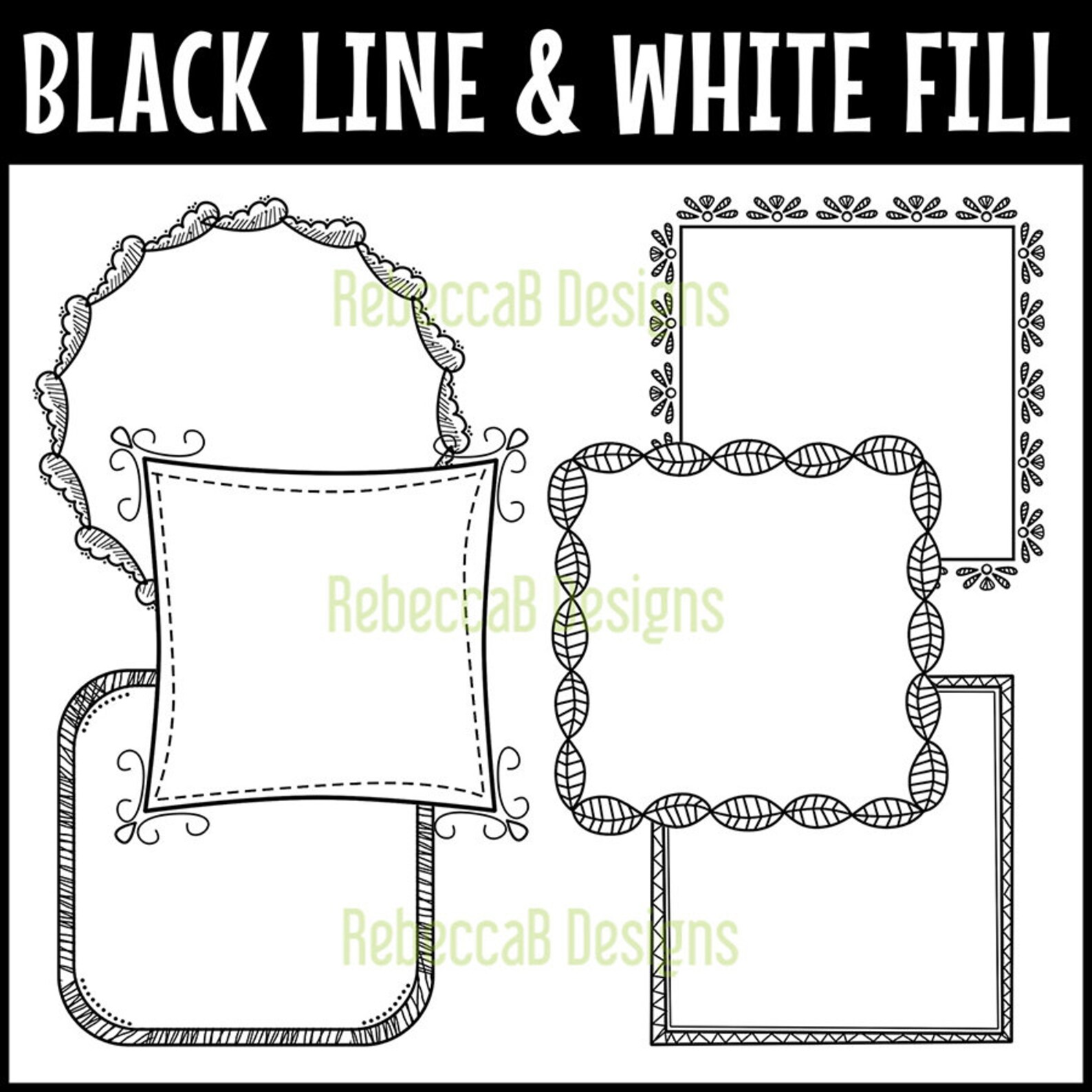 Doodle Text Box Frames Clip Art Set 4: Black Line Borders (digital ...