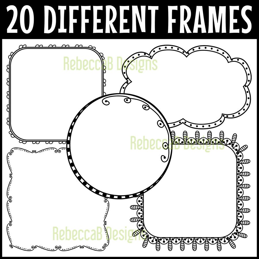 Doodle Text Box Frames Clip Art Set 4: Black Line Borders (digital ...