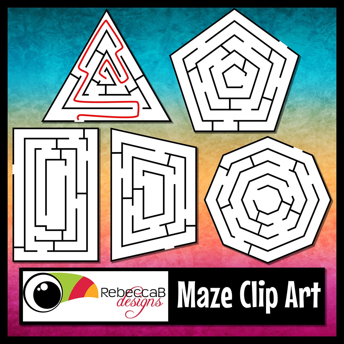 Maze Clip Art Set 1: 2D Shapes Mazes and Solutions Clip Art | Etsy
