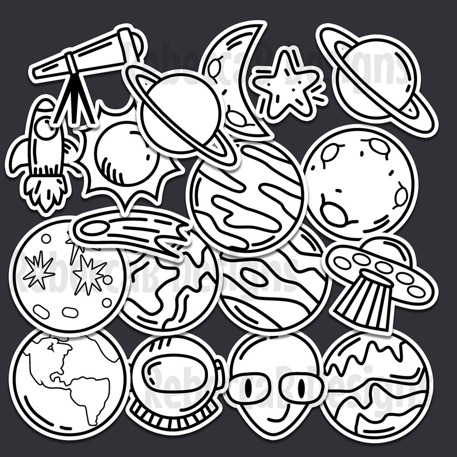 Outer Space Sticker Style Clip Art, Digital Space Clip Art, Sci-fi Clip ...