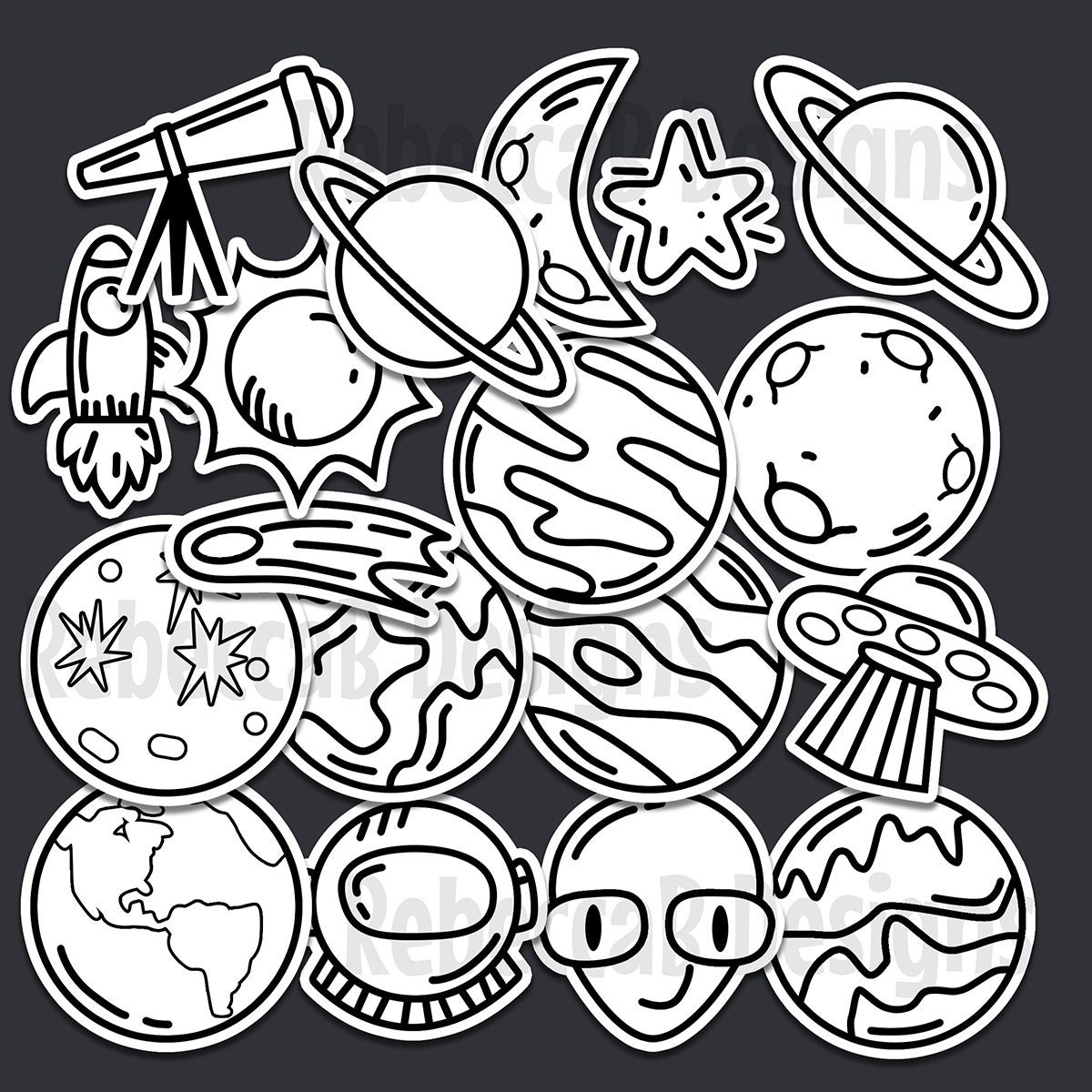 Outer Space Sticker Style Clip Art, Digital Space Clip Art, Sci-fi Clip ...