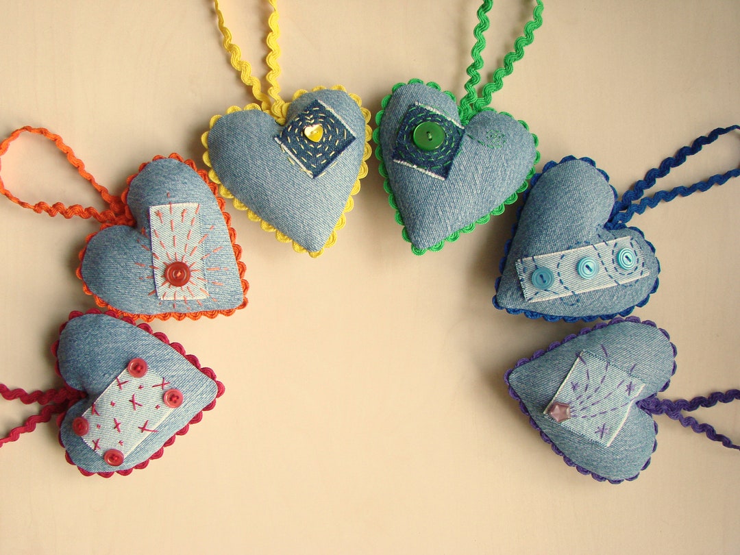Set of 6 Denim Hearts, Rainbow Colors, Holiday Gift Ideas, Christmas ...