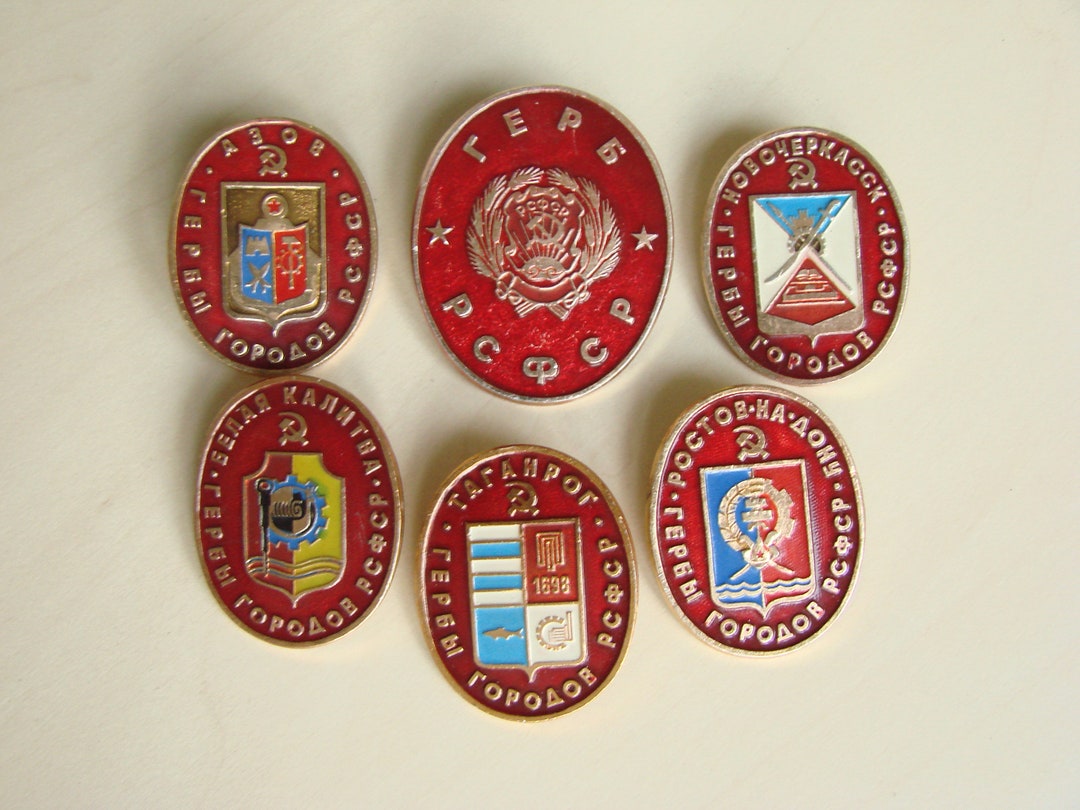 Vintage Soviet Badges With Coats of Arms of Russian Cities, Set of 6 ...