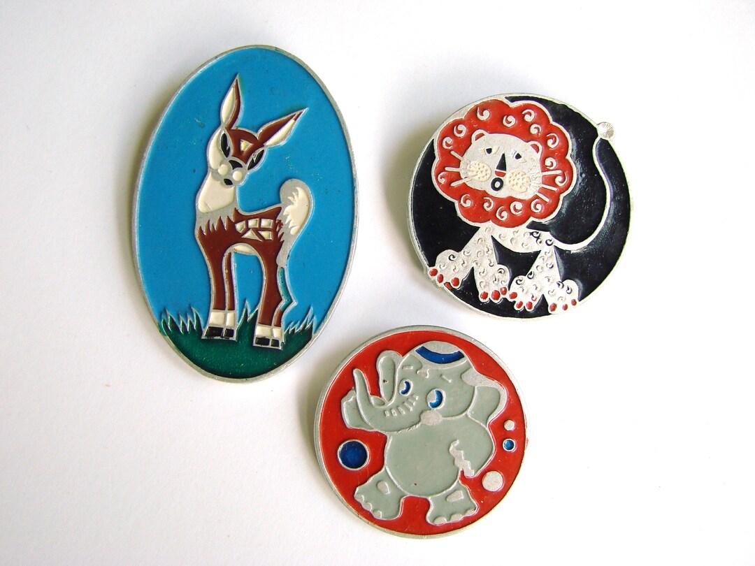 Set of 3 Vintage 70s Soviet Badges, Deer, Elephant, Lion, Enamel Lapel ...