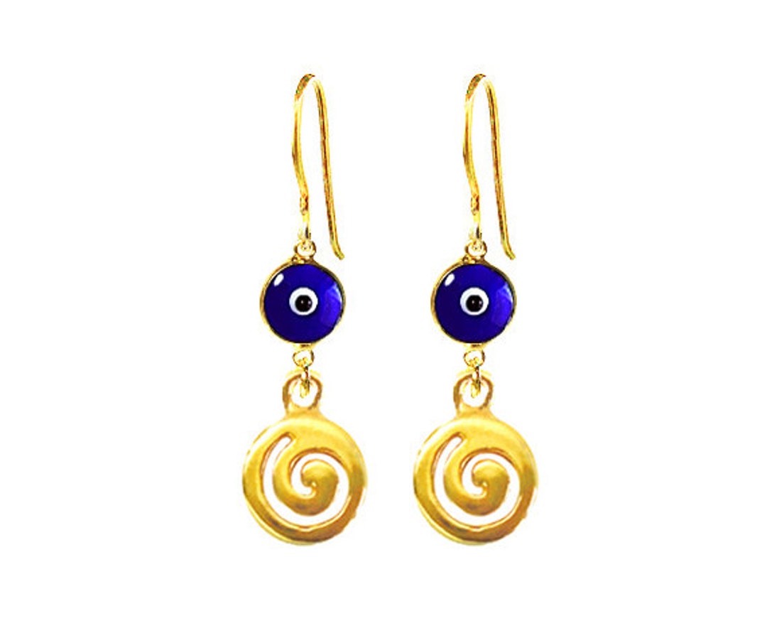 Greek Spiral Earrings With Evil Eye Glass Beads by Ilios, Spiral ...
