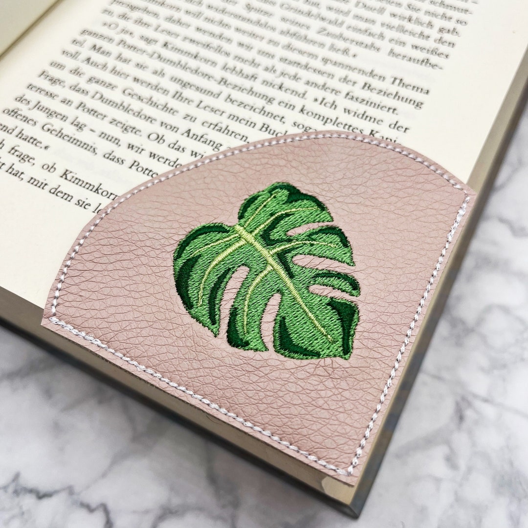 Bookmark Reading Corner Faux Leather Embroidered Bookworm Pink Plant ...