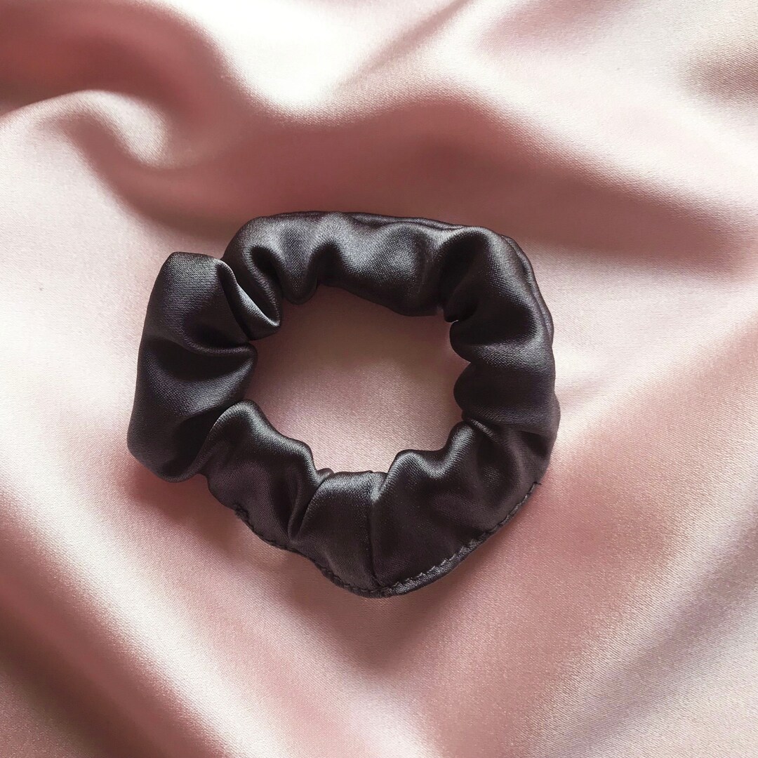 Mulberry Silk Satin Mini Hair Scrunchie Dark Grey- Hair Accessory Sewn ...