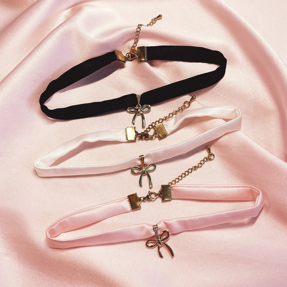 Shell Pink Bobbie Bow Charm Stretch Mulberry Silk Choker Necklace- Sewn ...
