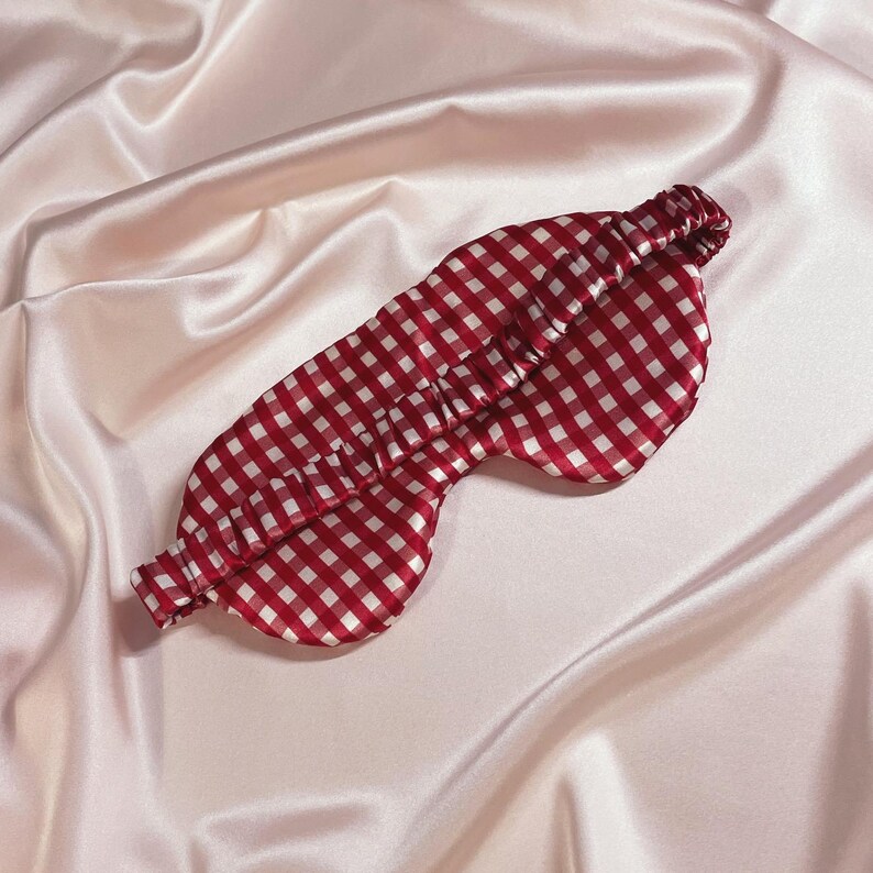 Large Mulberry Silk Eye Mask- Red Gingham Print Sleep Mask Sewn in the ...