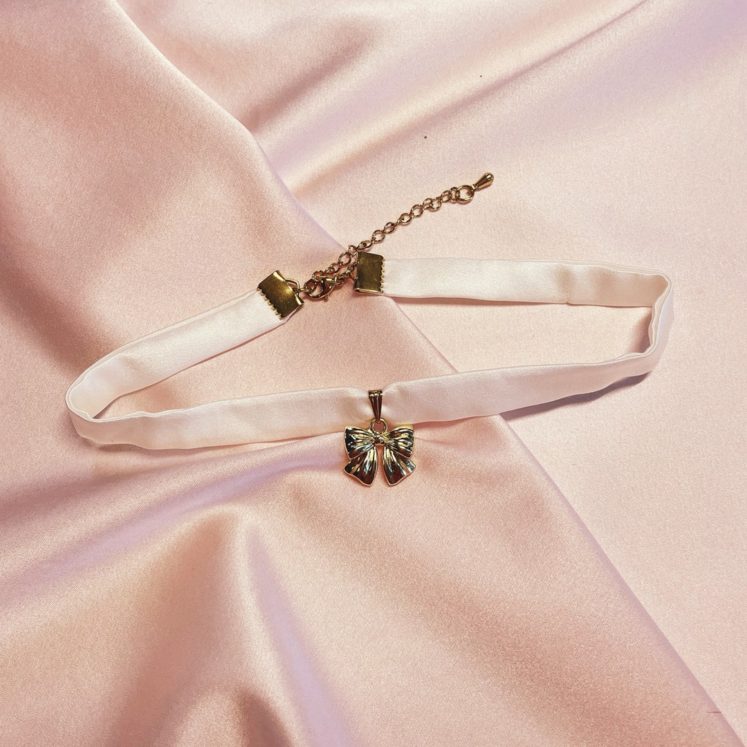 Ivory Camri Bow Charm Stretch Mulberry Silk Choker Necklace- Sewn in ...