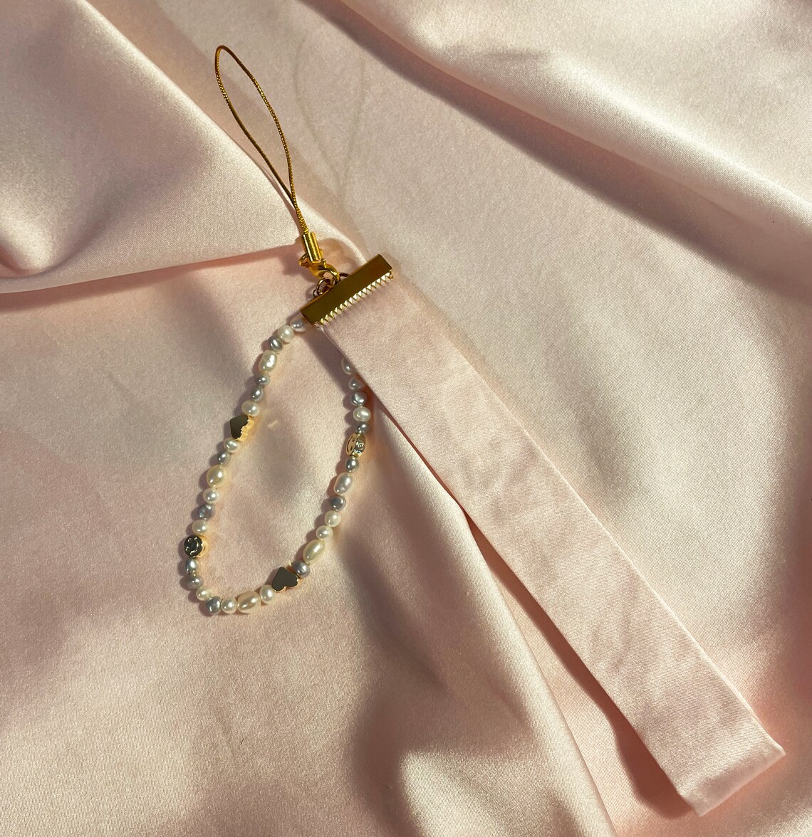 Allegra Shell Pink Pearl and Silk Phone Wrist Strap- Ethically Sewn in ...
