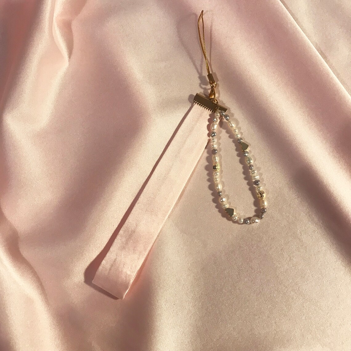 Allegra Shell Pink Pearl and Silk Phone Wrist Strap- Ethically Sewn in ...
