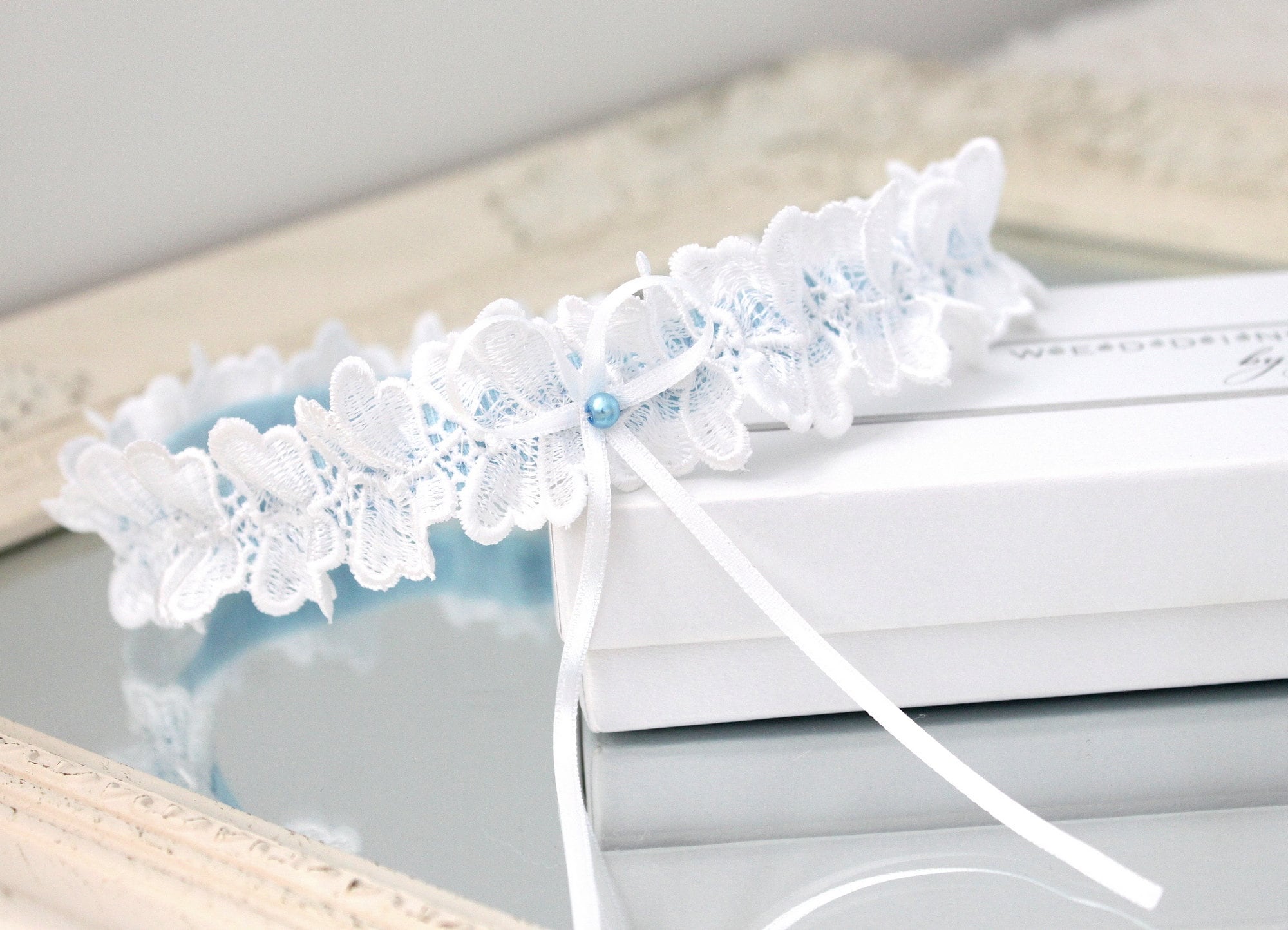 White Lace Wedding Garter With Something Blue, Bridal Non-slip Garter ...