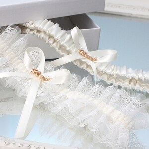 Ivory Wedding Garter Set: Lace and Tulle With Gold Charm, Keepsake and ...