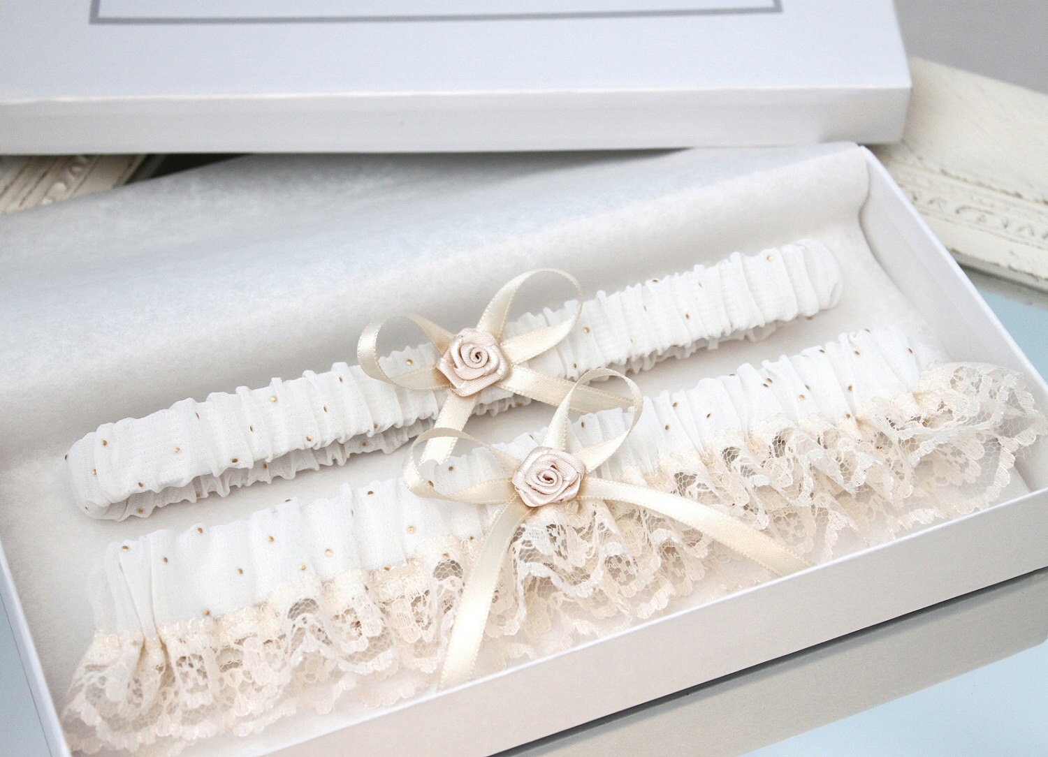 Ivory Wedding Garter Set: Lace Garters From Silk With Gold Dots, Satin ...
