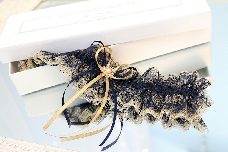 Navy Lace Wedding Garter, Gold Ribbon, Plus Size Bridal - Etsy