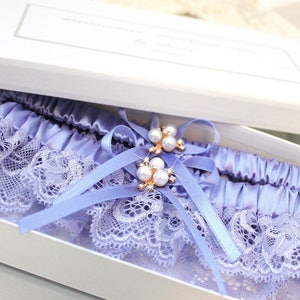 Lilac Lace Wedding Garter Set With Gold and Pearls Charm, Plus Size ...