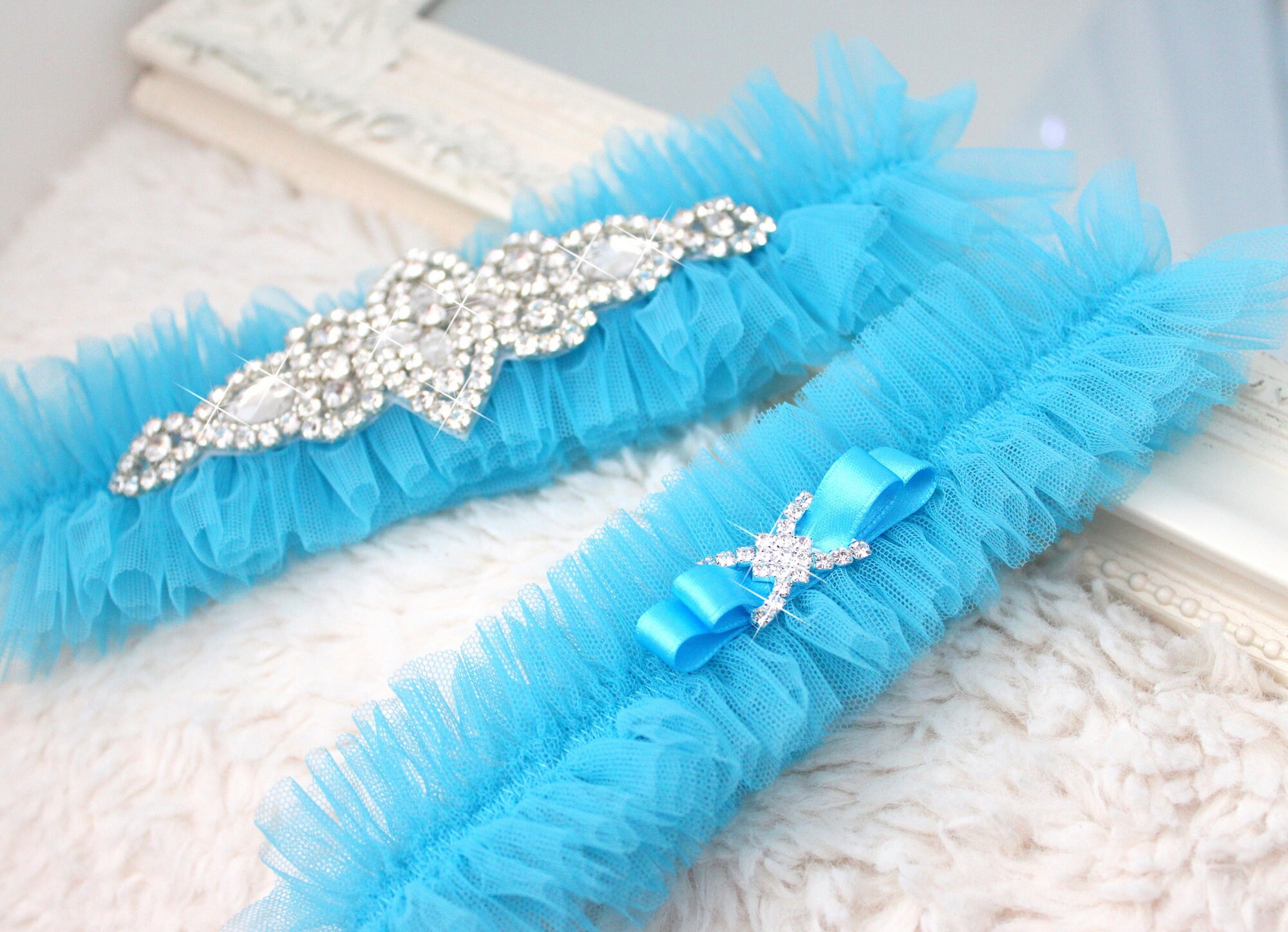 Turquoise Blue Greece Wedding Garter Set Turquoise Tulle | Etsy