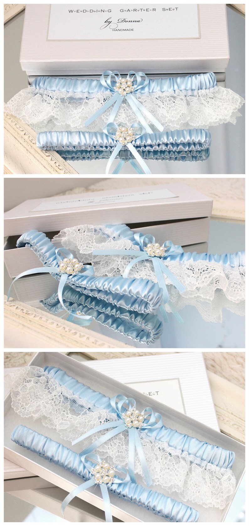 Something Blue Wedding Garter Set: Blue Satin, White Lace, Pearls ...