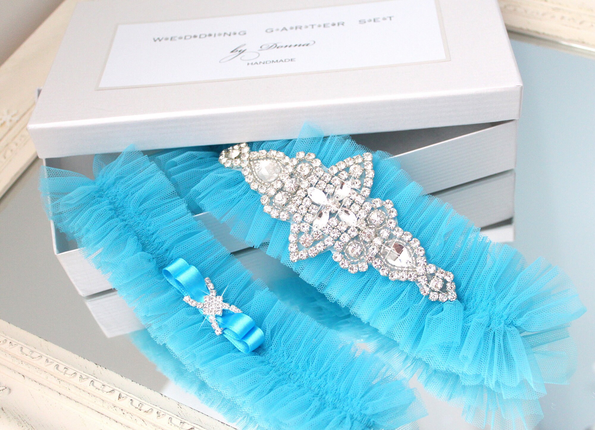 Turquoise Blue Greece Wedding Garter Set Turquoise Tulle | Etsy
