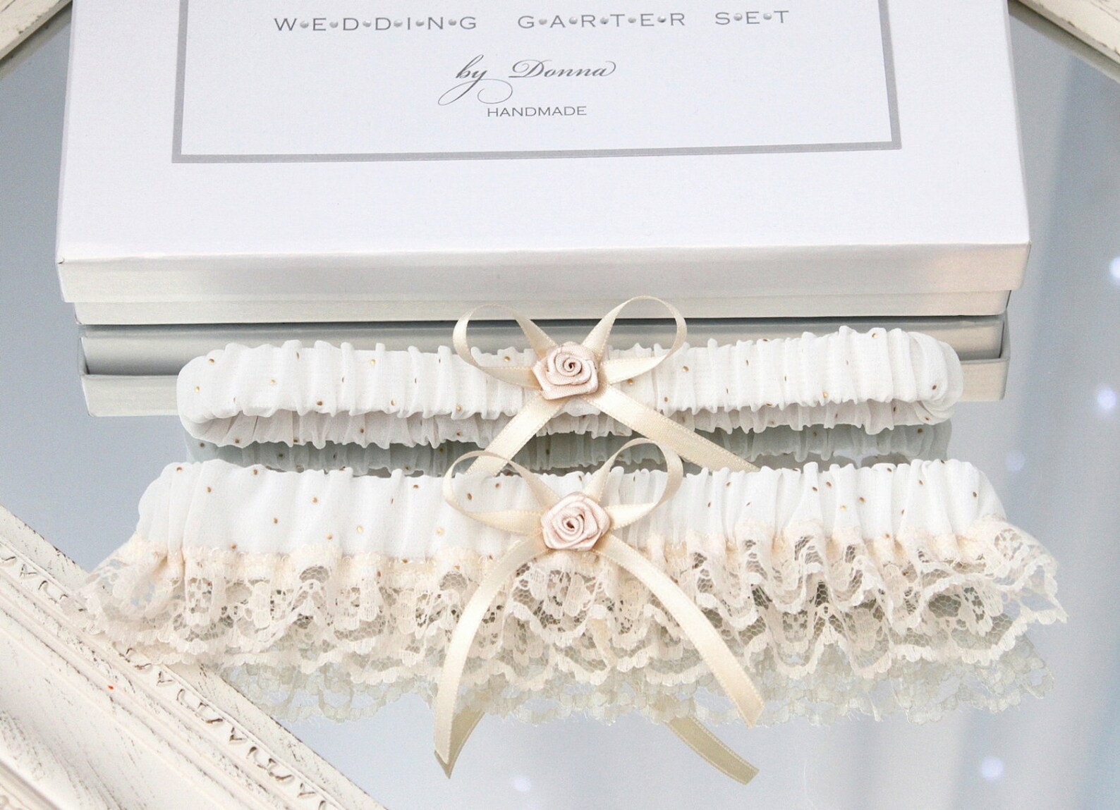 Ivory Wedding Garter Set: Lace Garters From Silk With Gold Dots, Satin ...