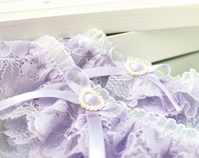 Lilac Lace Garter Set With Pearl Heart, Lilac Garter Set, Lilac Wedding ...