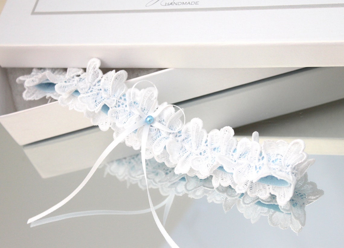 White Lace Wedding Garter With Something Blue, Bridal Non-slip Garter ...