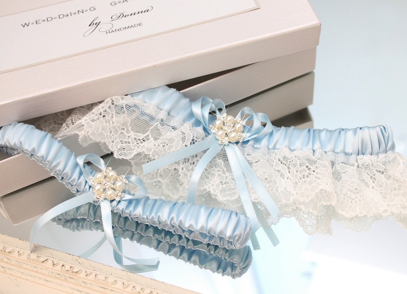 Something Blue Wedding Garter Set: Blue Satin, White Lace, Pearls ...