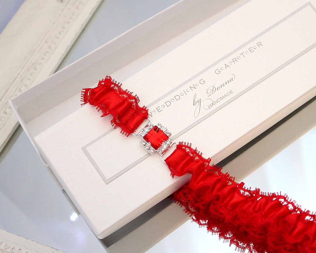 Red Lace Wedding Garter With Crystal and Rhinestone Charm. - Etsy