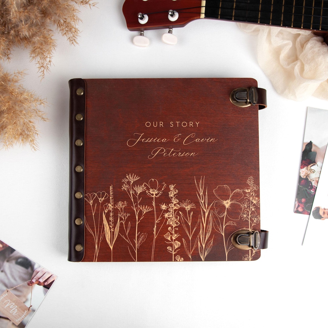 Personalized Wedding Photo Book With Wildflowers Engraved Wooden Photo ...
