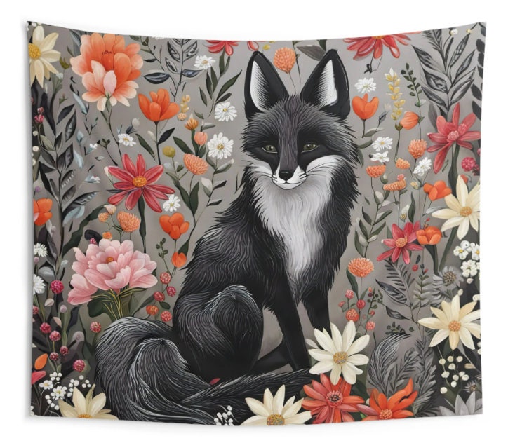 Black and Silver Fox Art Indoor Wall Tapestry 26 X 36 - Etsy